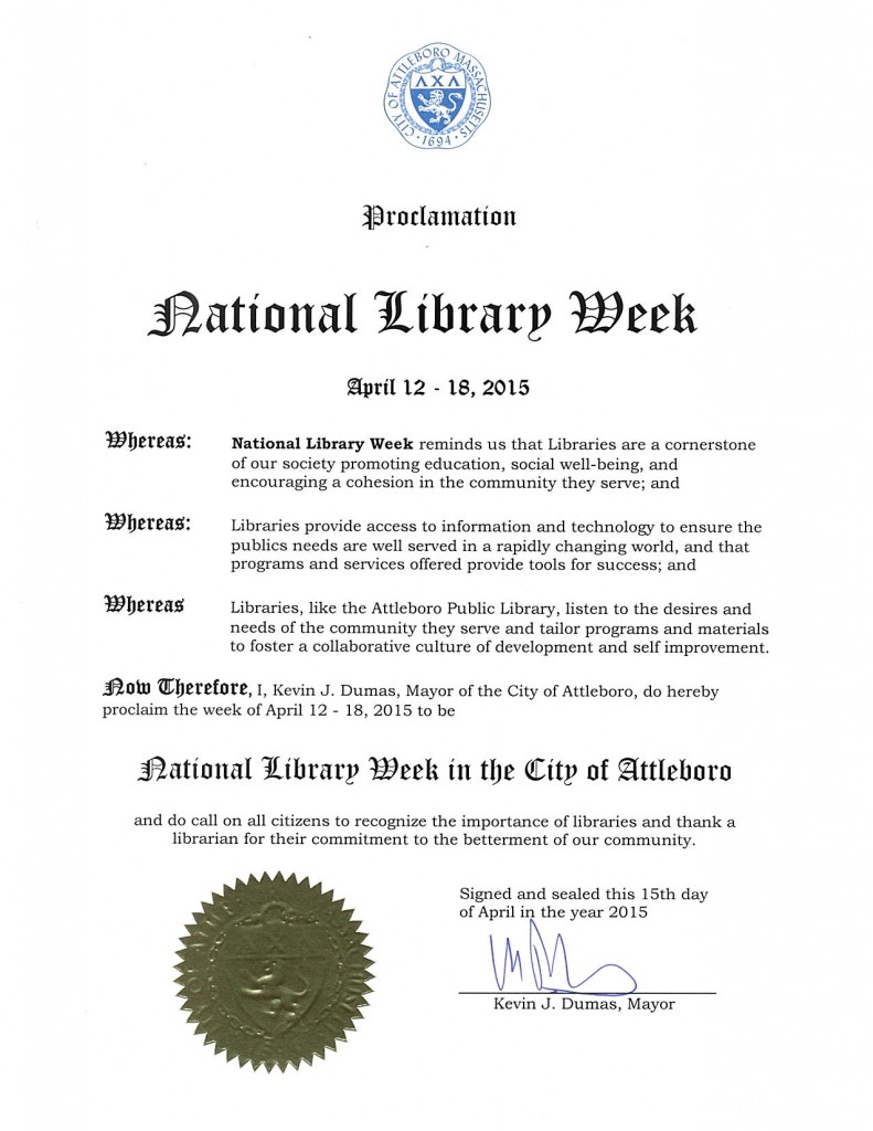 Mayor Kevin Dumas Declares National Library Week in Attleboro ...